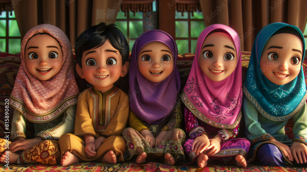 Animated group of five children wearing traditional Islamic attire ...