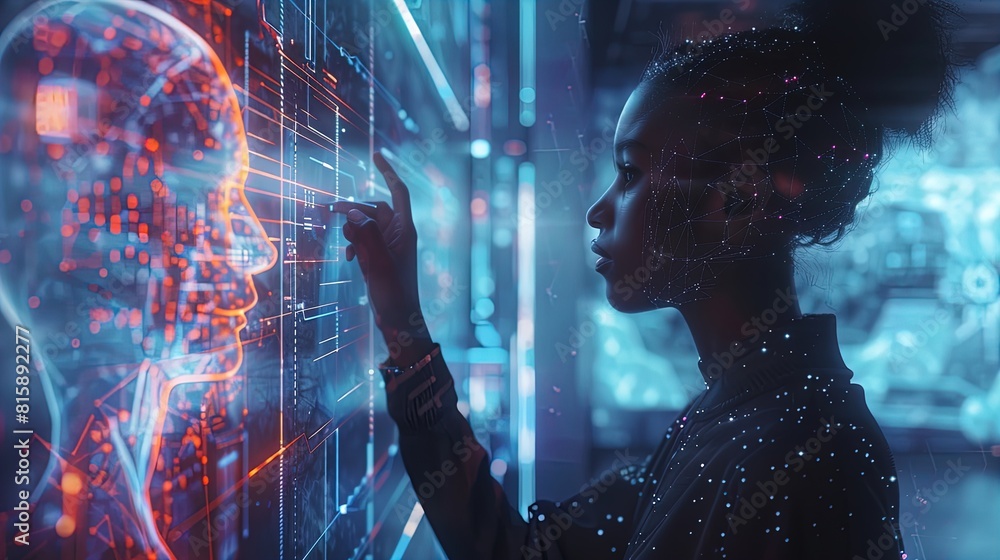 Female silhouette with futuristic digital face mapping. Close-up studio ...