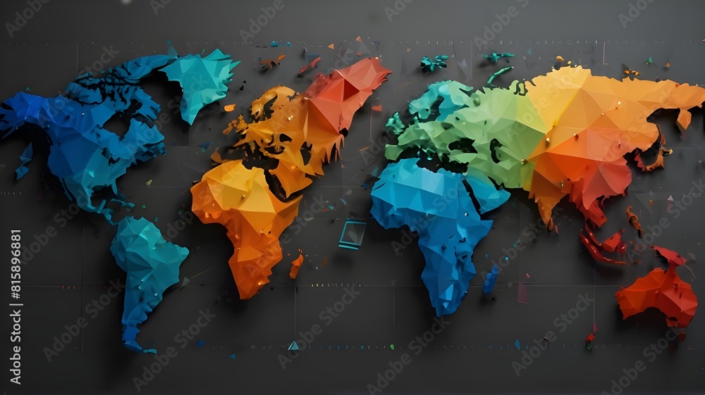 Polygonal mesh network map of world of lines and points, dots and ...