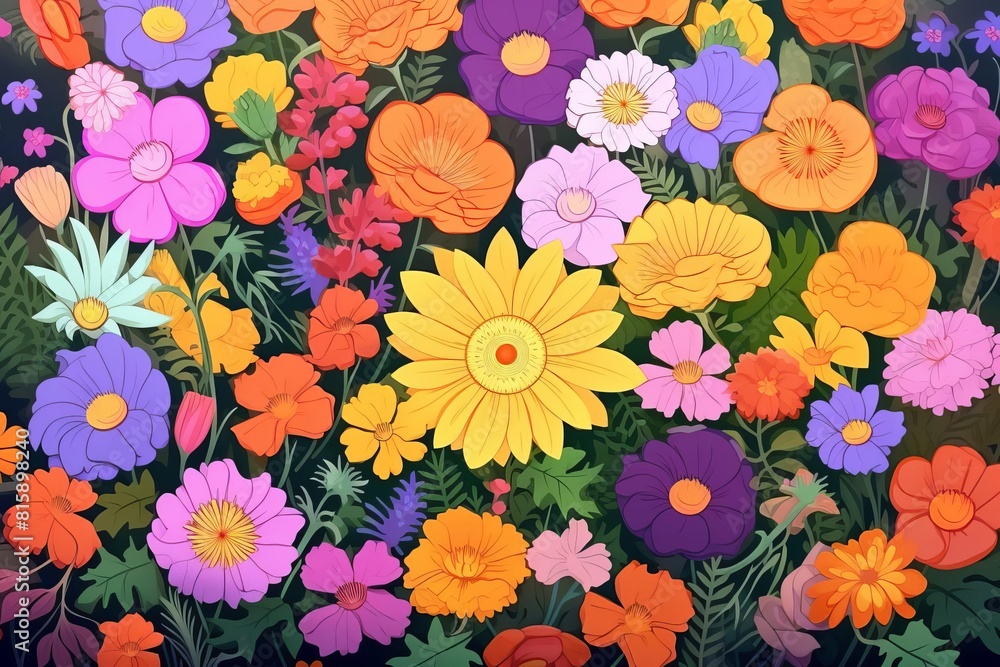 garden full of flowers flat design top view botanical theme cartoon ...