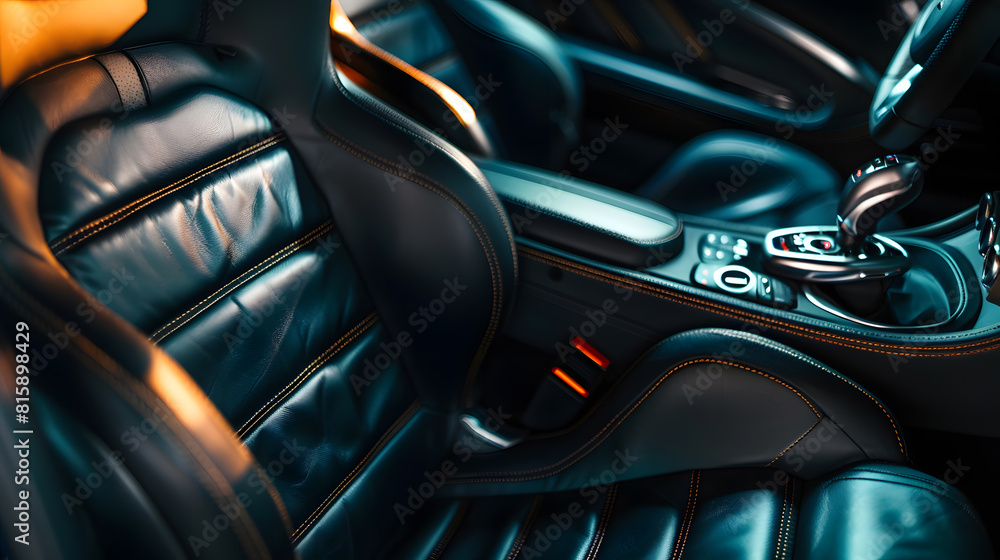 Top view of luxury sport car front passenger leather seat with detail ...