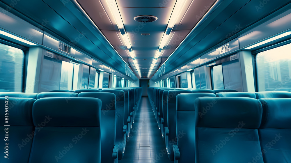 Empty cabin of a modern passenger train Empty blue seats inside train ...