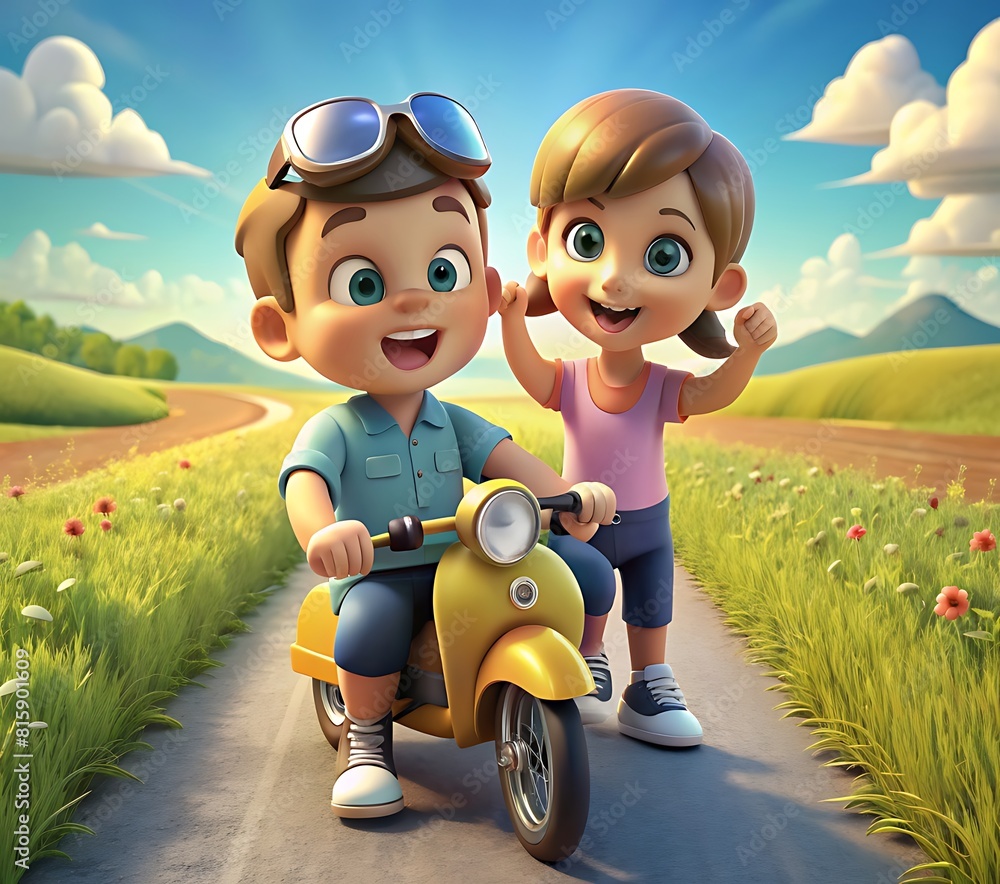 3d cartoon illustration of girl and boy riding motorcycle on village ...