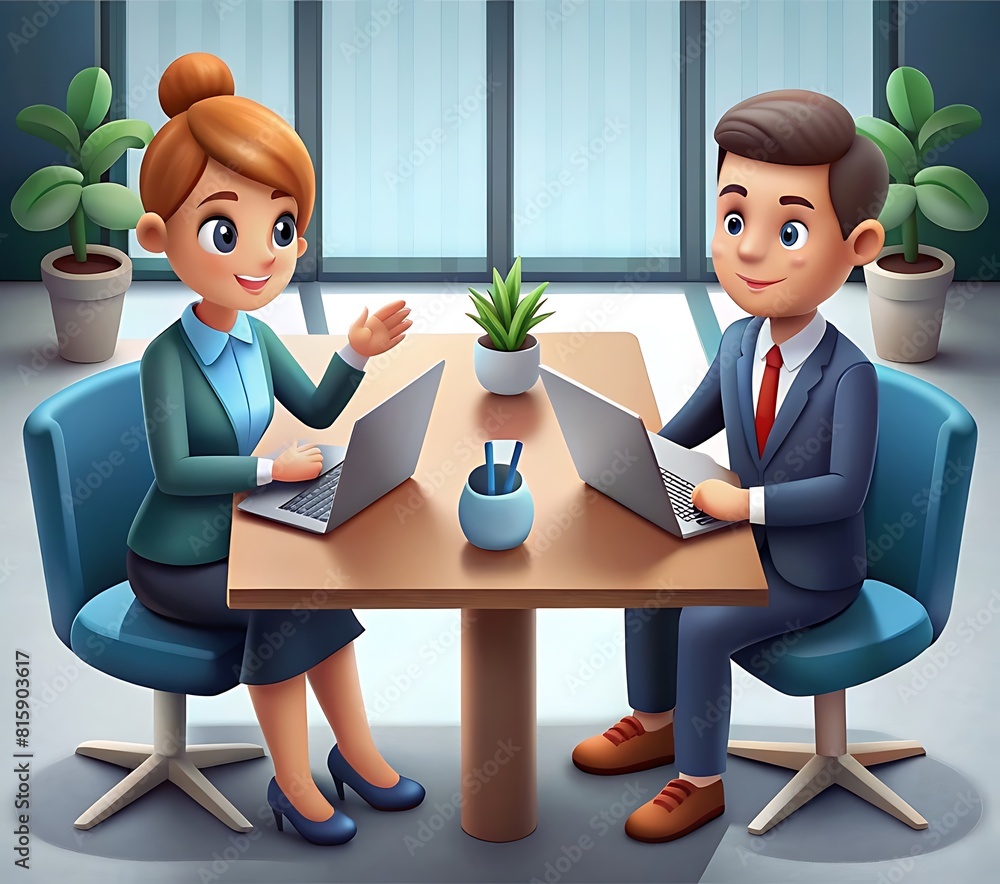 In the boardroom, 3d cartoon illustration of woman and man sit at ...