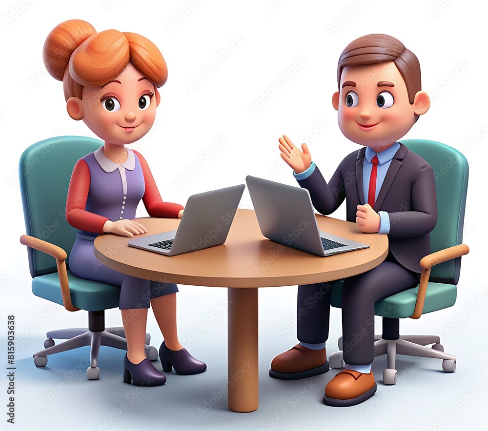 In the boardroom, 3d cartoon illustration of woman and man sit at ...