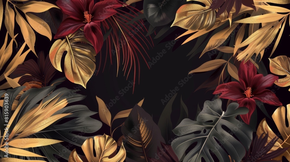 Black gold tropical leaves on dark maroon background modern poster ...