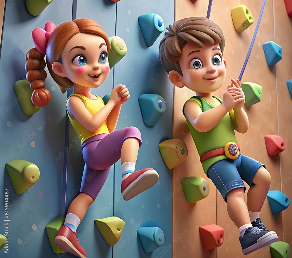 At an indoor climbing gym, 3d cartoon illustration of a girl and boy ...