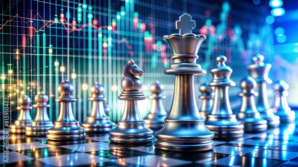 "Market Analysis": A close-up of chess pieces on a board overlaid with stock market graphs ...
