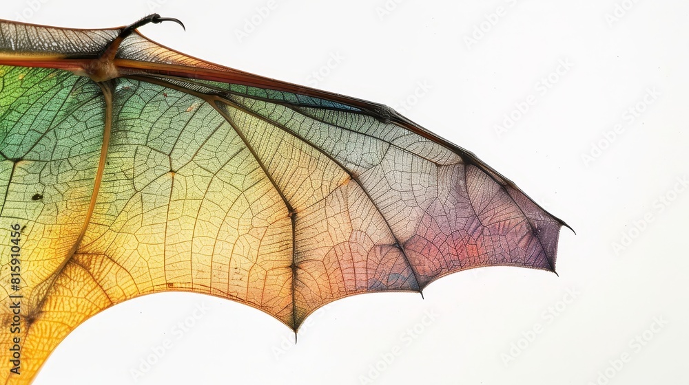 Zoom in on a colorful bat's wing during a flap, close-up, whimsical ...