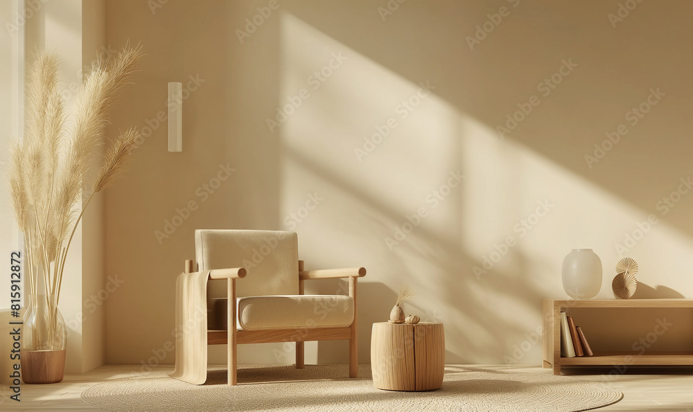 3d rendering, Beige wall with wooden slats, minimalist interior design ...