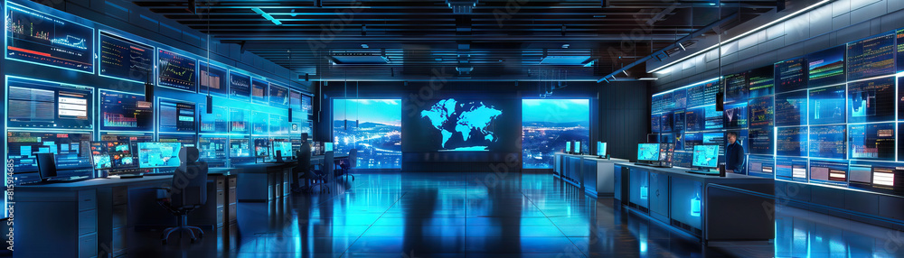 Cybersecurity Operations Center Floor Showing Security Analysts Monitoring Screens Threat