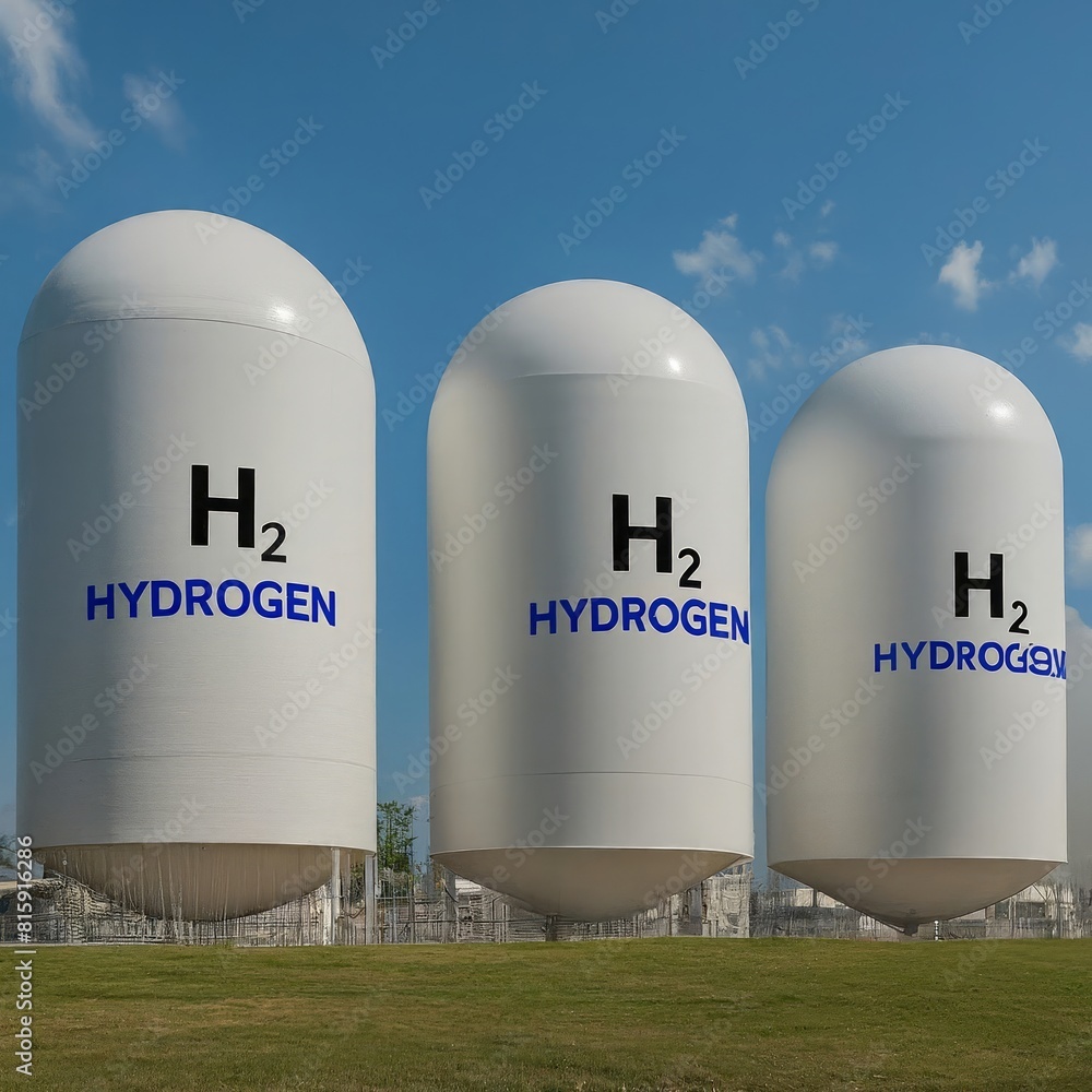 Large storage tanks with H2 and HYDROGEN labels on a blue sky ...