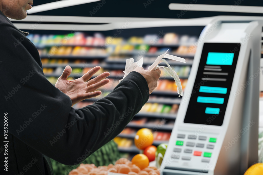 Surprised man checking grocery receipt printed at self service terminal ...