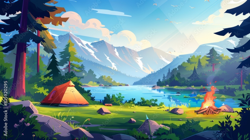 An animated poster with a camping scene in a nature park, a river ...