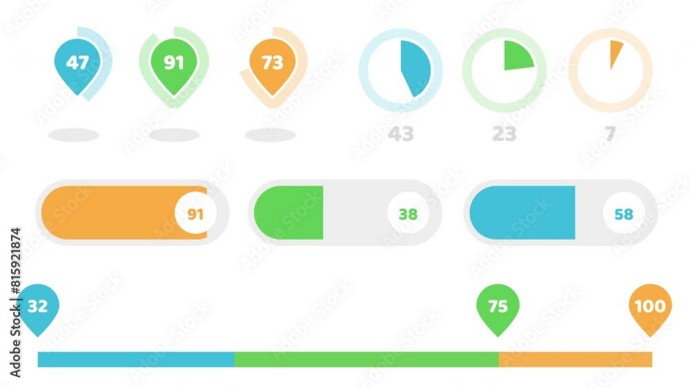 Set of animated progress steps with loading pointer, bars and pie ...