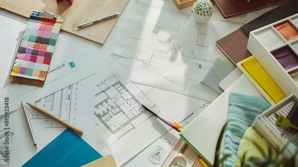 Interior designers working table an architectural plan of the house a ...