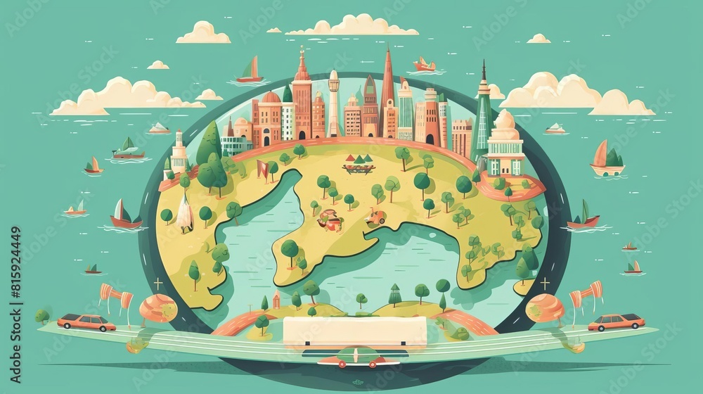 world tour flat design top view global theme cartoon drawing Analogous ...
