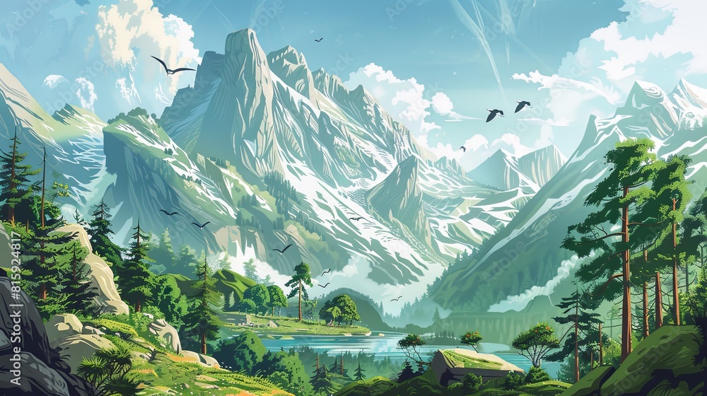 Montane ecosystem a mountain biome with green nature, water and birds ...