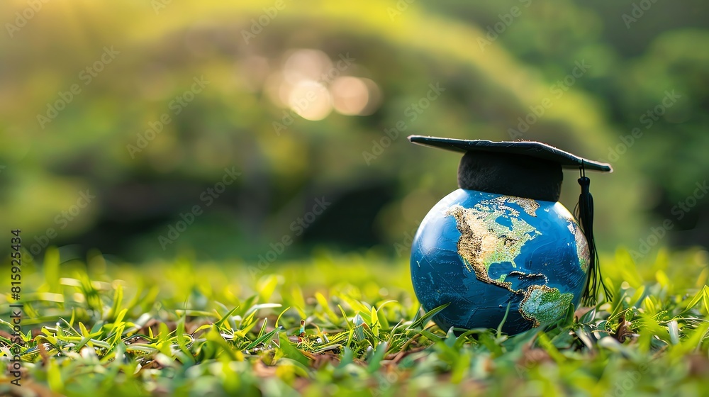 Photo of Earth globe with graduation cap on green grass field ...