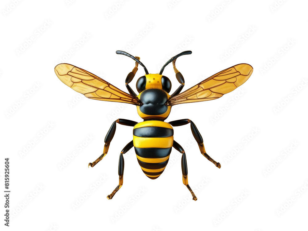 The image shows a 3D rendering of a wasp. The wasp is yellow and black ...