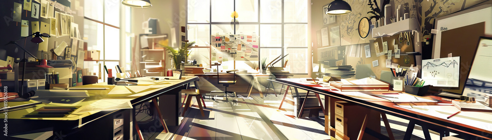 Design Agency Studio Floor: Displaying drafting tables, mood boards ...