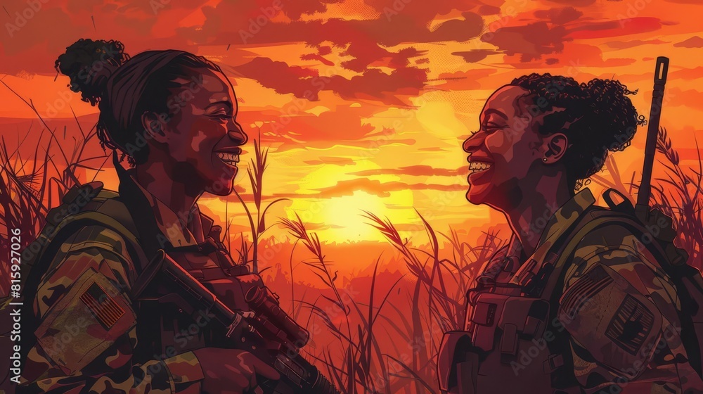 candid black female army soldiers laughing and bonding at golden hour digital illustration ...