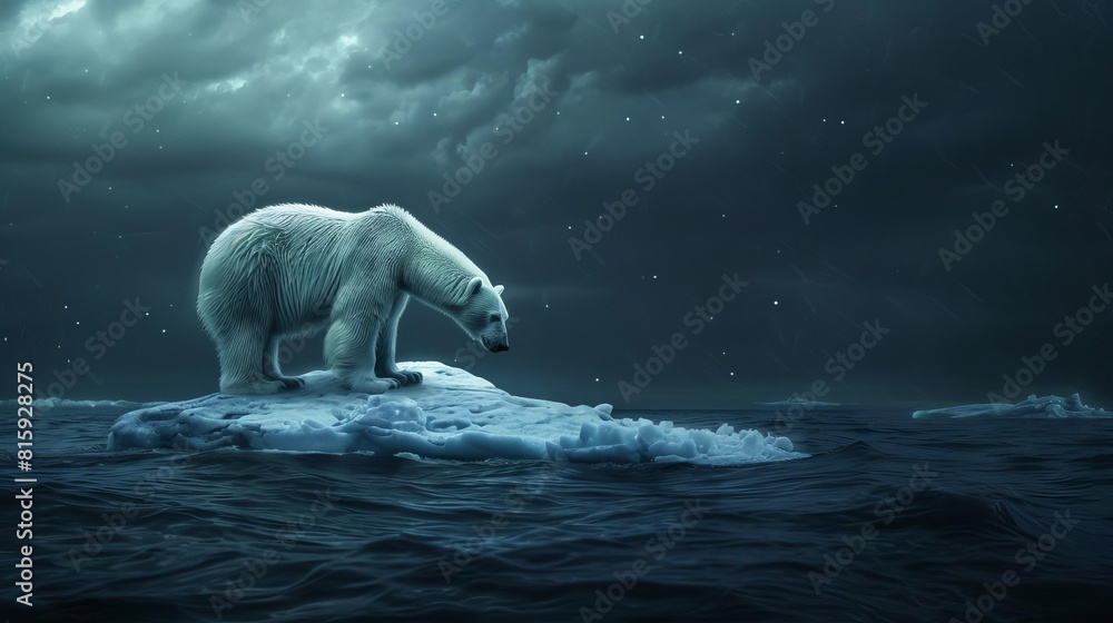 climate crisis symbolism lone polar bear on small melting iceberg in ...