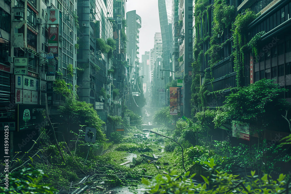 City Street Overgrown with Jungle Vegetation. Generated Image. A ...