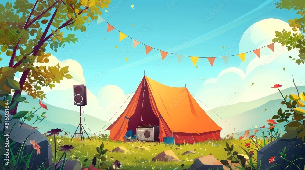 Cartoon poster for summer camp with tent, invitation for camping ...
