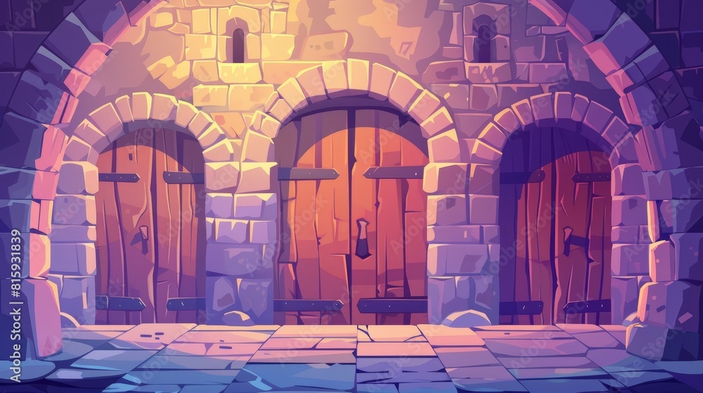 Castle doors in dungeons, fortresses and castles. Cartoon illustration ...