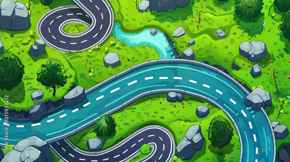 Top view of a road or bridge, winding highway over a green field, a ...