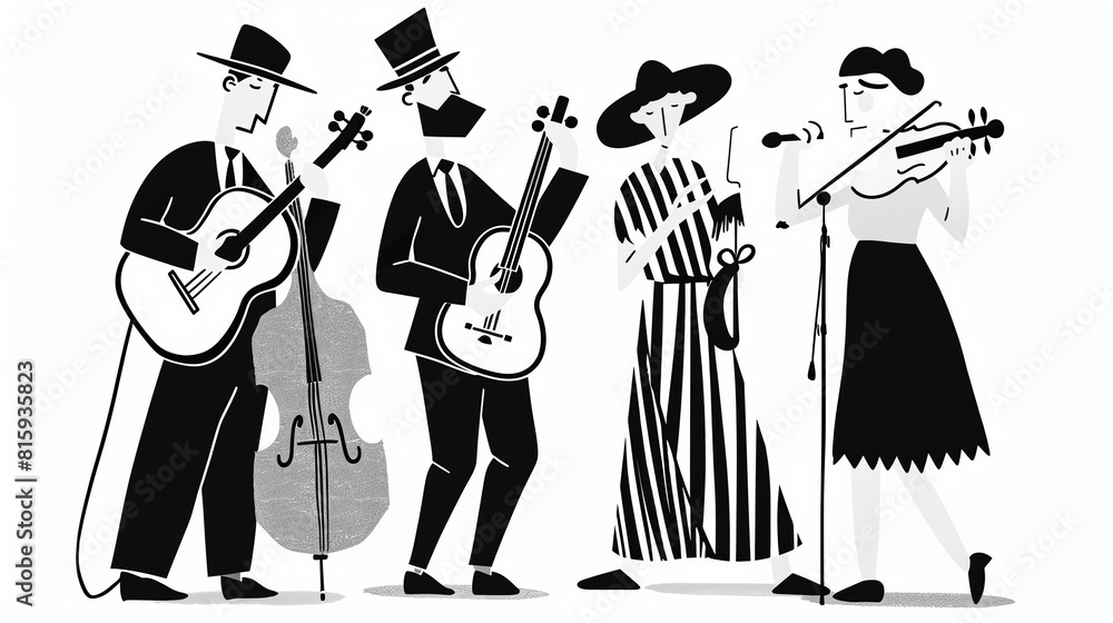 Folk band flat design side view traditional theme cartoon drawing black ...