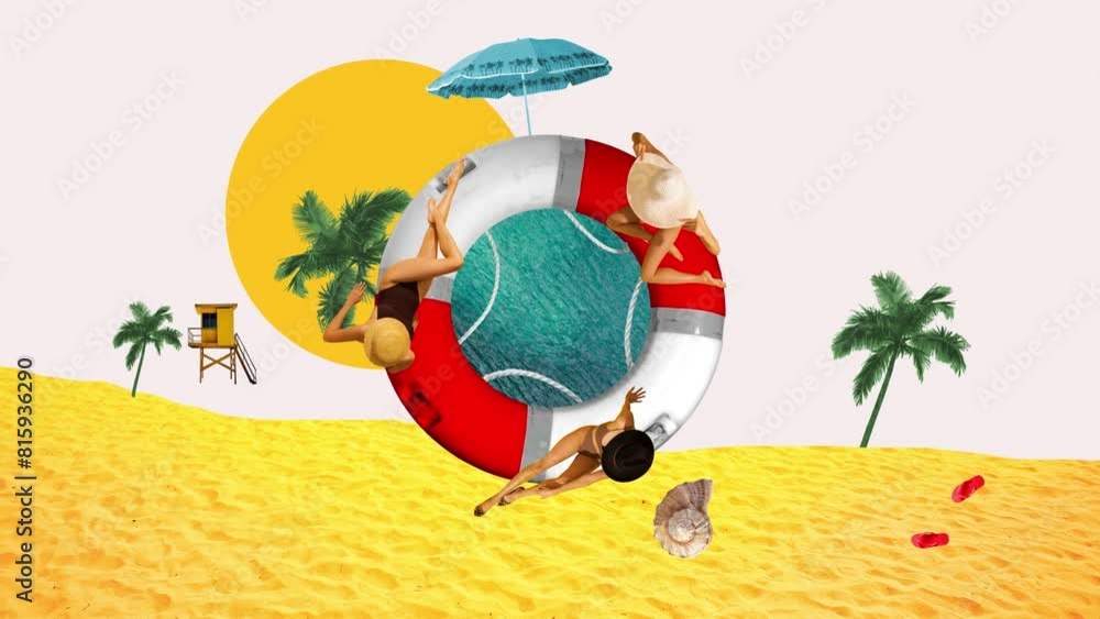 Slim young women lying on swimming circle in pool and sunbathing on ...