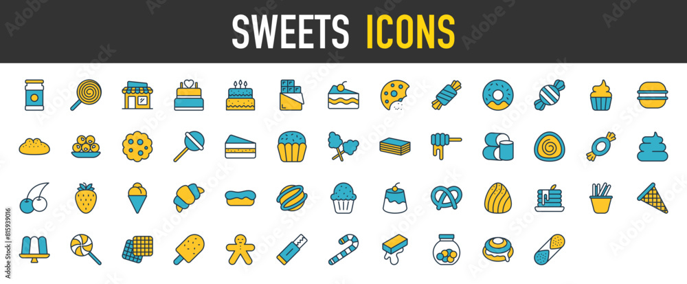 Sweets icon set. Contains as Honey Jar, Toffee, Swirl, Birthday Cake ...