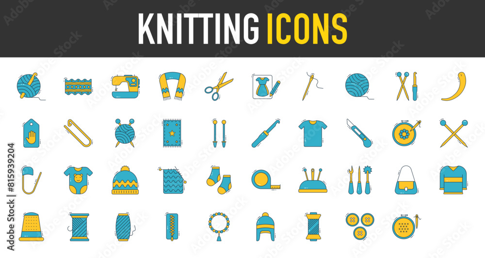 Knitting icon set. Contains as Crochet, Lace, Sewing Machine, Winter ...