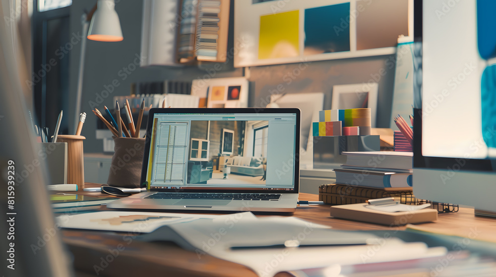 Interior designer workspace table and architecture software on laptop ...