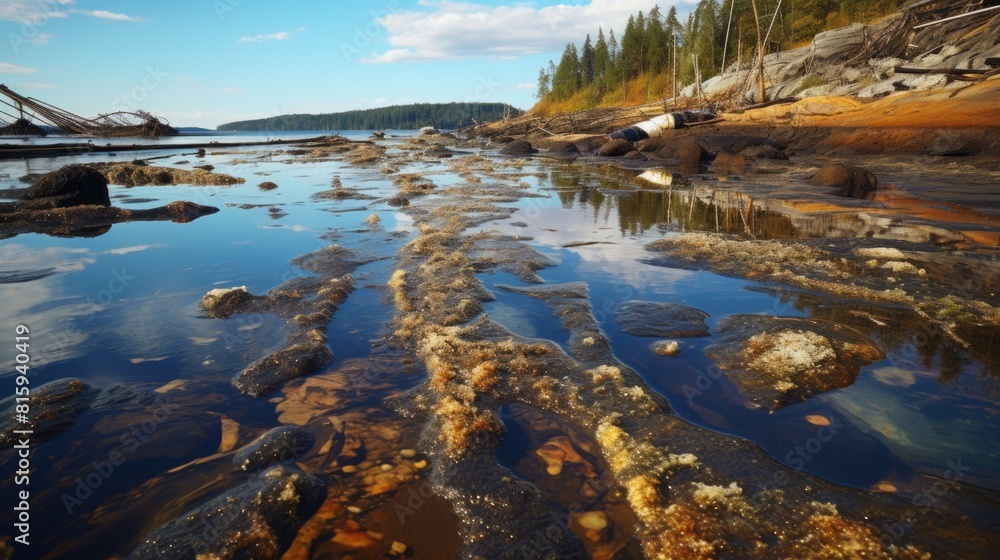 River polluted by oil and oil spills into water as a result of chemical ...