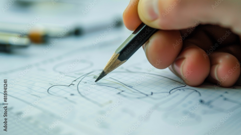 Close-up of a hand holding a pencil, sketching a line graph on graph ...