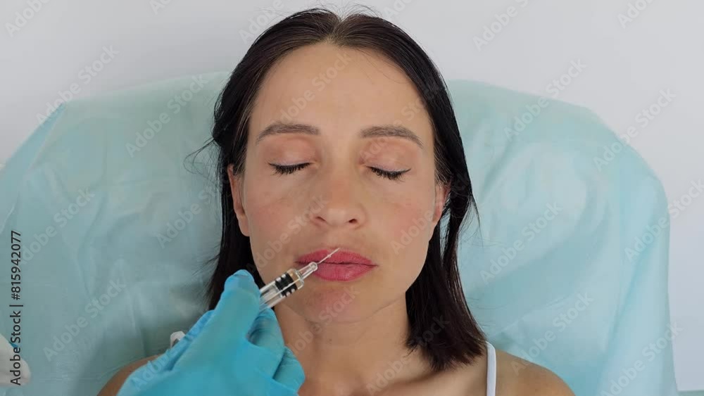 Young caucasian woman getting botox cosmetic injection in lips ...