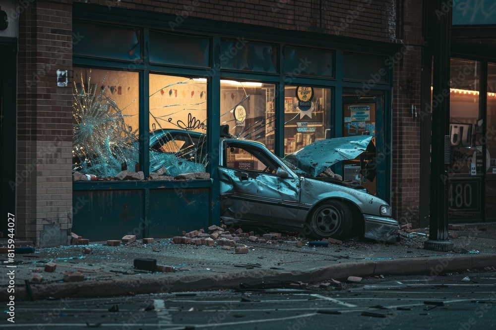 Early Morning Car Crash into Shop Front, Metallic Blue Car Damage on ...