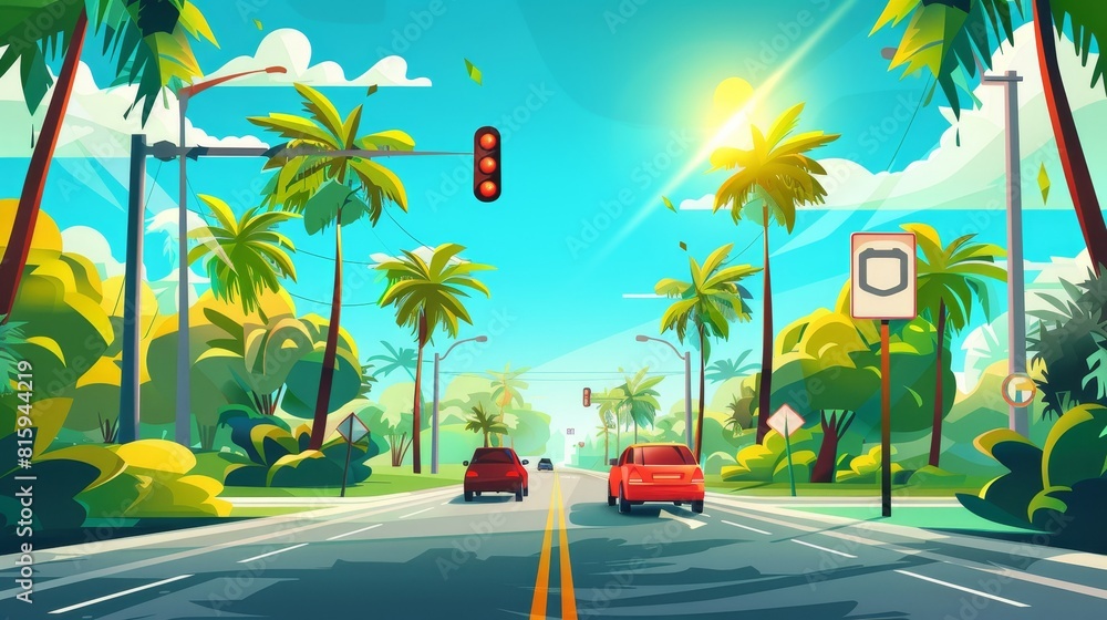 Cartoon modern illustration of four-lane speed highway, cars riding ...