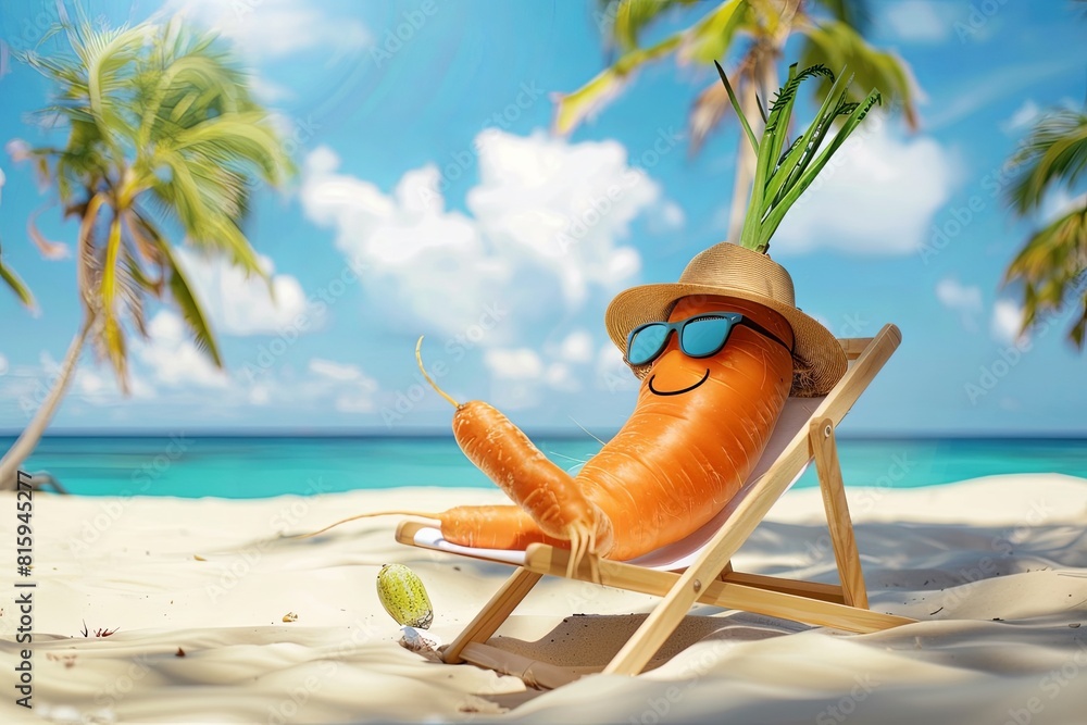 carrot with panama hat wearing sunglasses sunbathing on a sun chair on ...