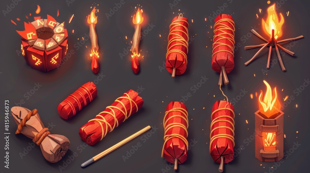 This set includes dynamite sticks, explosive military or mining TNT ...