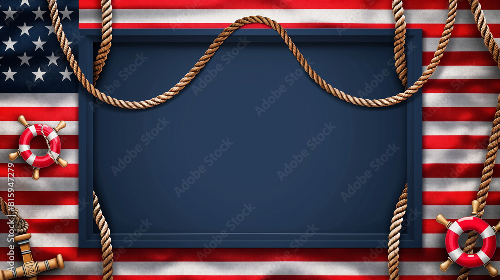 Nautical themed frame with American flag background, featuring ropes ...