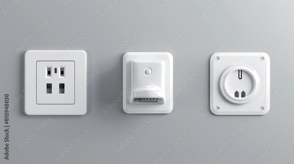 Various types of electrical sockets and switches on a wall. Modern ...