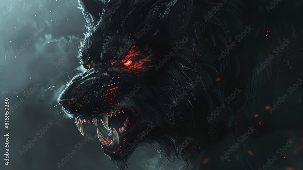 angry growling black werewolf with glowing red eyes and sharp fangs fantasy creature digital ...