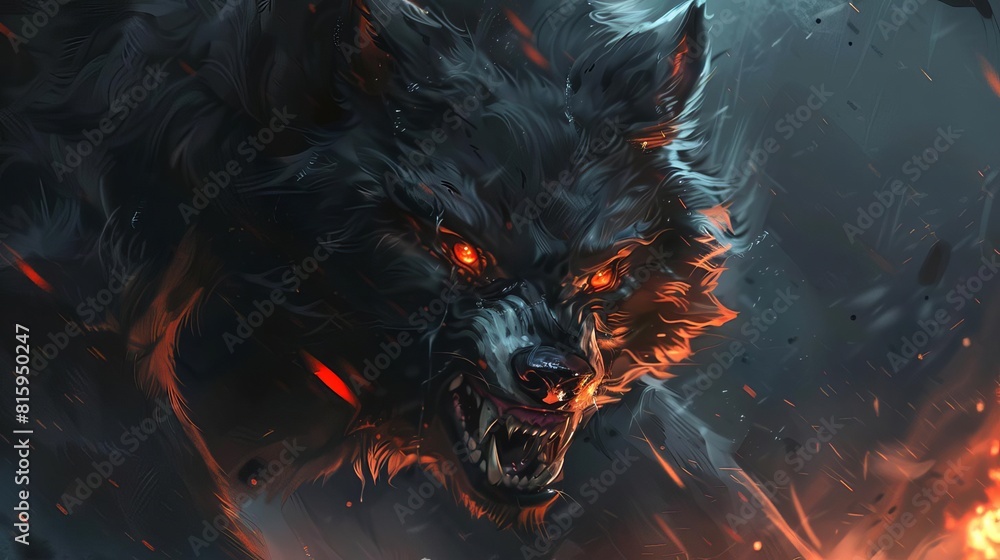 angry growling black werewolf with glowing red eyes and sharp fangs ...