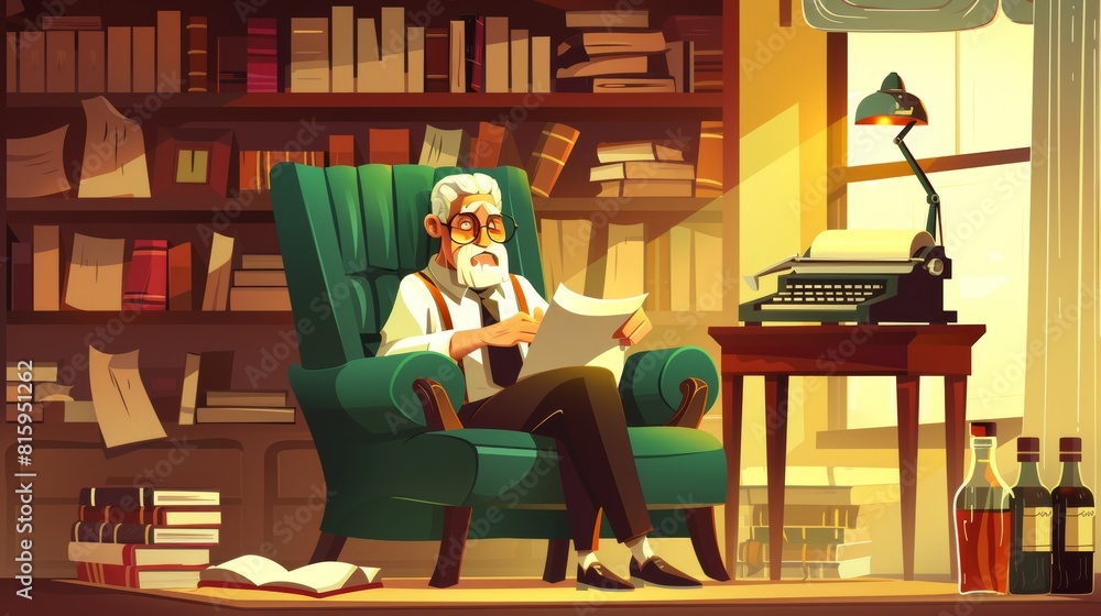 A senior author sits on a vintage armchair at a wooden table with a ...