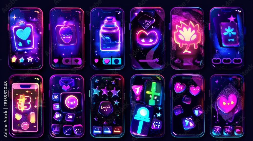 Social media retro onboard screens in retrowave vaporwave 90s style ...