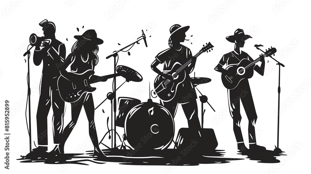Folk band flat design side view traditional theme cartoon drawing black ...